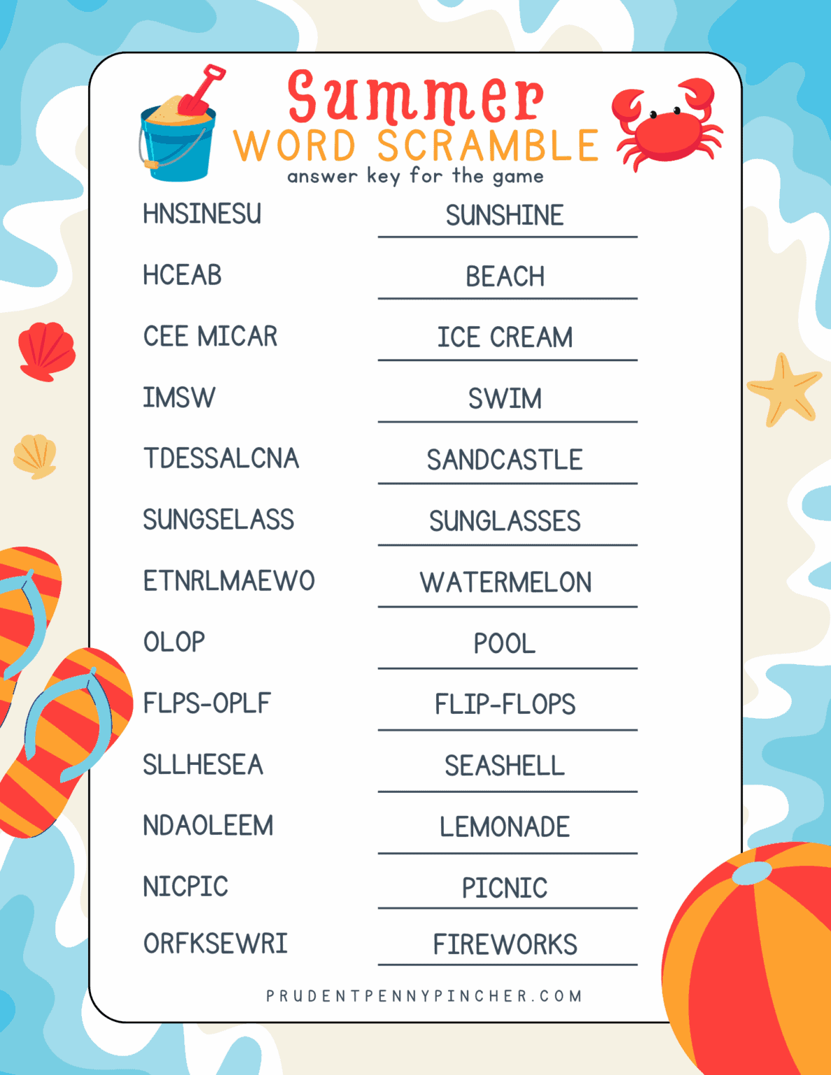 Free Printable Summer Word Scramble Game for Kids - Prudent Penny Pincher