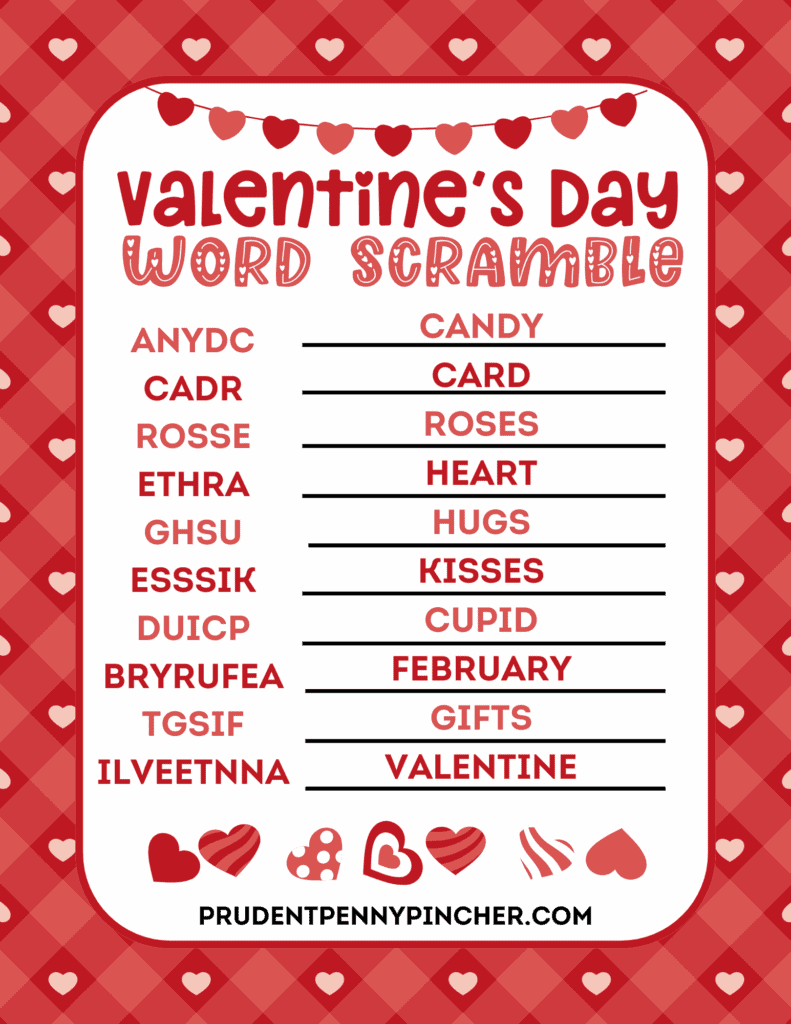Free Printable Valentine's Day Word Scramble Game for Kids - Prudent ...