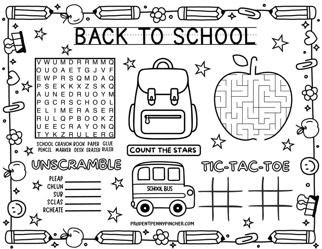 Free Printable Back to School Activity Placemat for Kids - Prudent ...